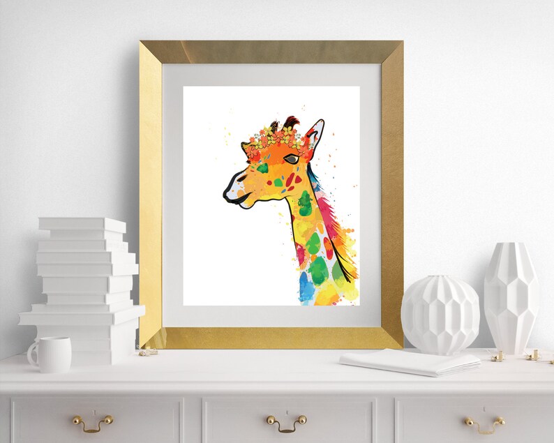 Colorful Giraffe Watercolor Print Floral Giraffe Poster Bright Giraffe ...