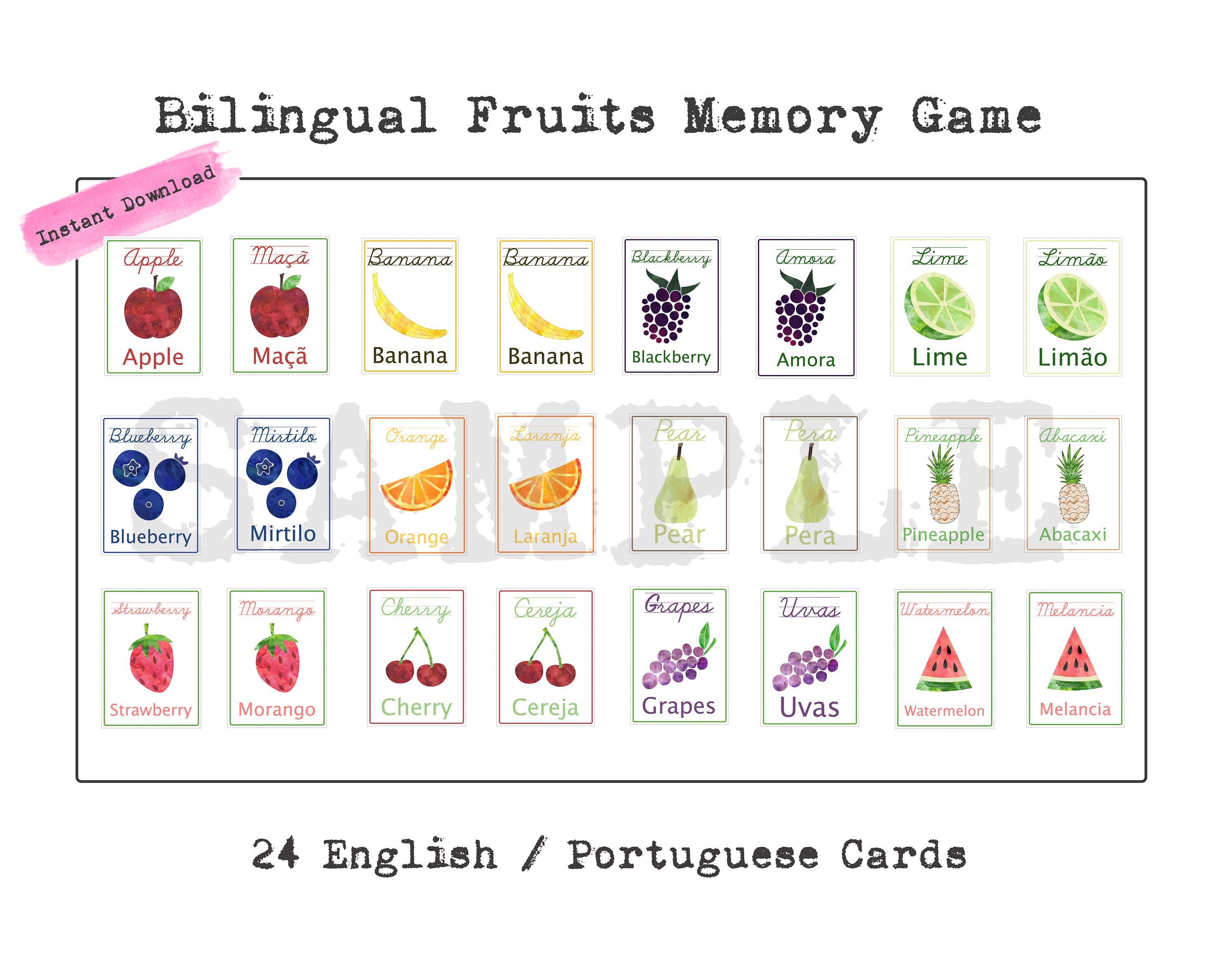 PRINTABLE PDF Bilingual FRUITS Memory Game - Portuguese / English ...