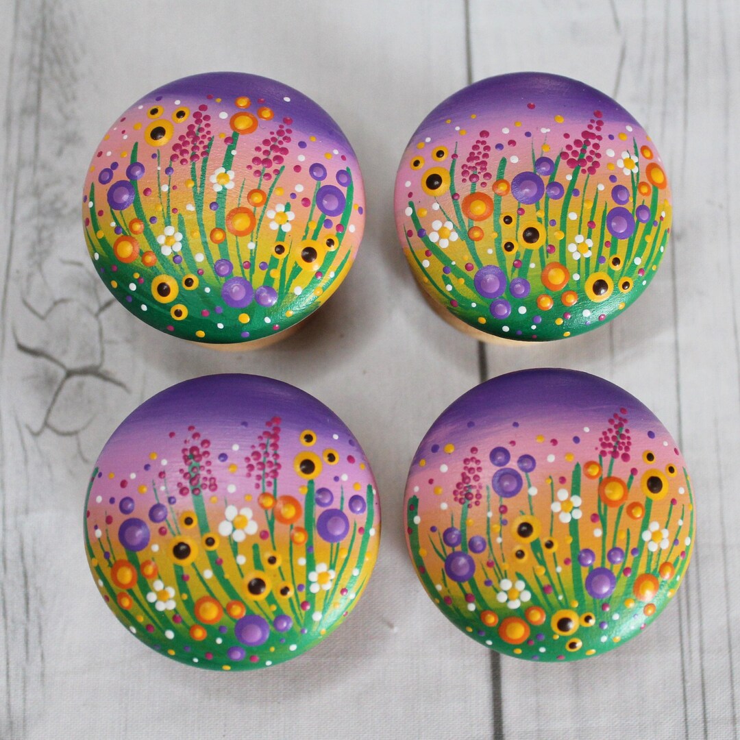 Boho Wildflower Wooden Cabinet Knobs – Hand-painted With Purple ...