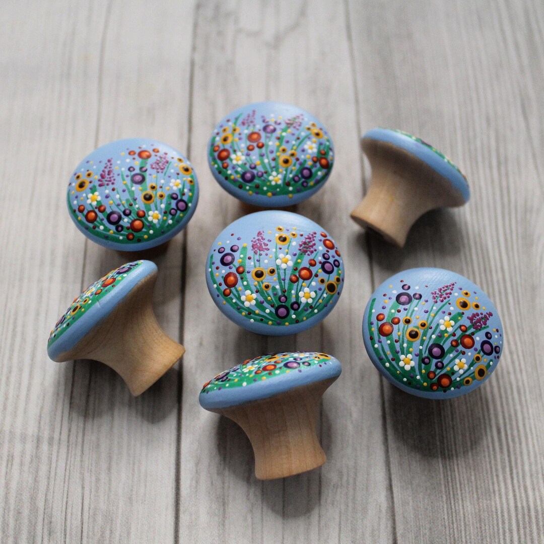 Wildflower Dot Painted Medium Wooden Drawer Pulls, Handcrafted Kitchen Cabinet Knobs - Etsy