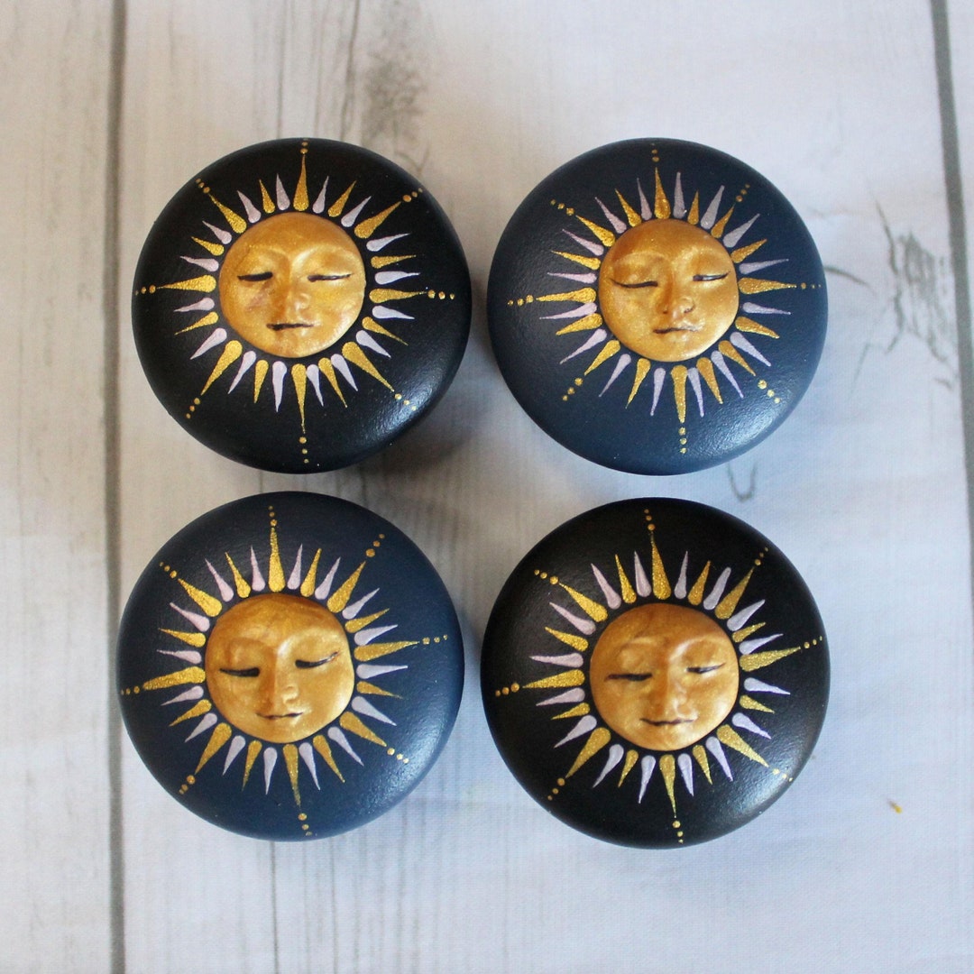 Celestial Sun Hand Painted Wooden Dresser Pulls, Handcrafted Kitchen Cabinet Knobs - Etsy