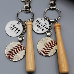Leather Baseball Keychain With Mini Wooden Bat, Bag Charm, Personalized ...