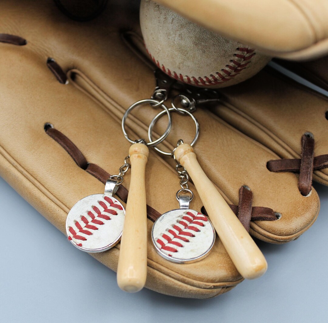 Leather Baseball Keychain With Mini Wooden Bat, Bag Charm, Personalized ...