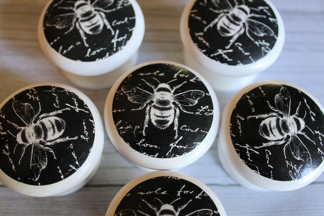 Bee White Cabinet Door Knobs, Hand Painted Dresser Knobs, Furniture ...