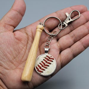 Leather Baseball Keychain With Mini Wooden Bat, Bag Charm, Personalized ...