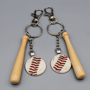 Leather Baseball Keychain With Mini Wooden Bat, Bag Charm, Personalized ...