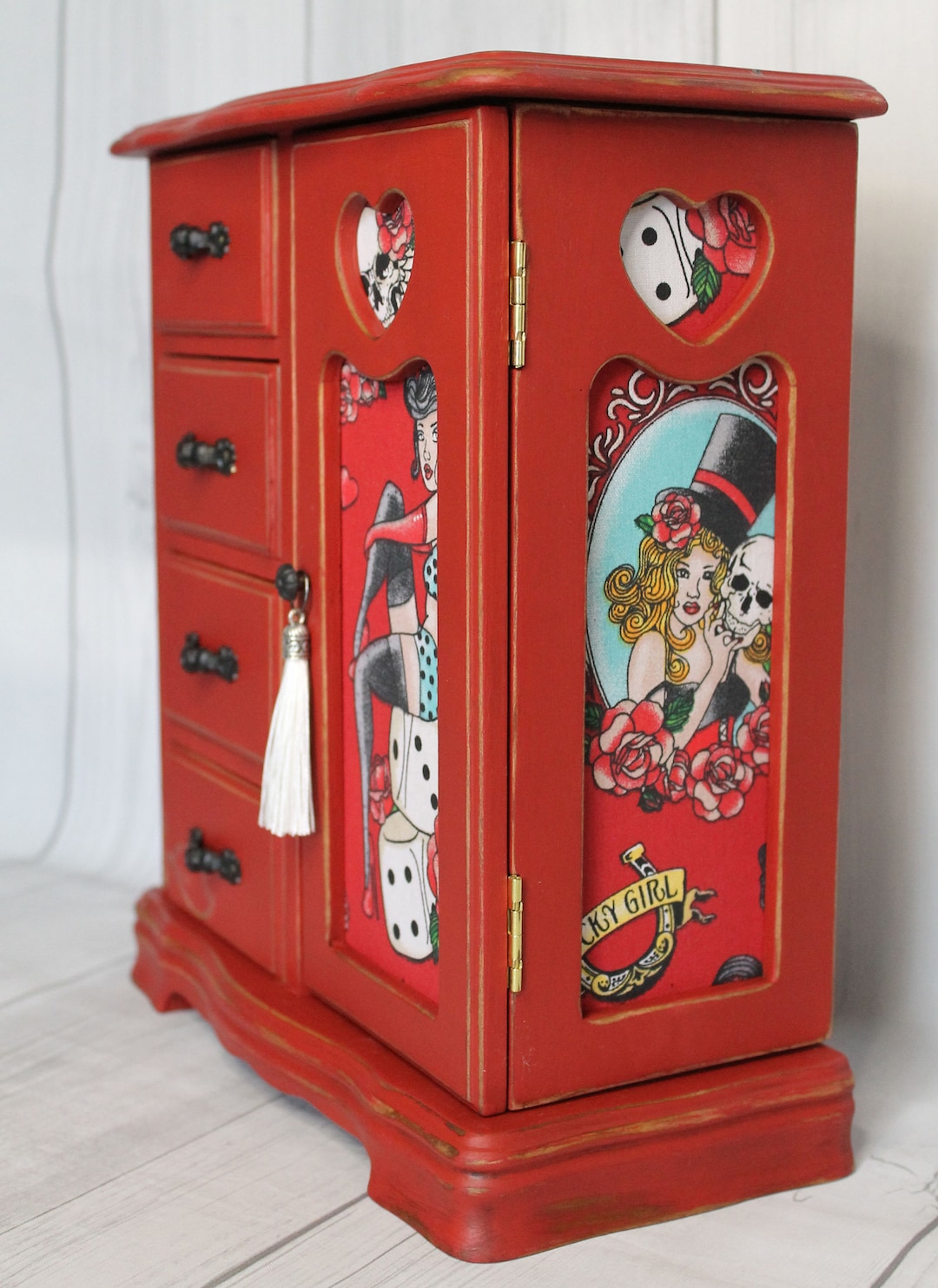 Hand-painted Pin-up Jewelry Box – Red Vintage Box With Skulls, Dice ...