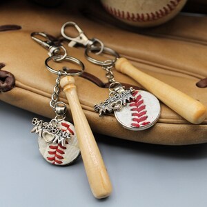 Leather Baseball Keychain With Mini Wooden Bat, Bag Charm, Personalized ...