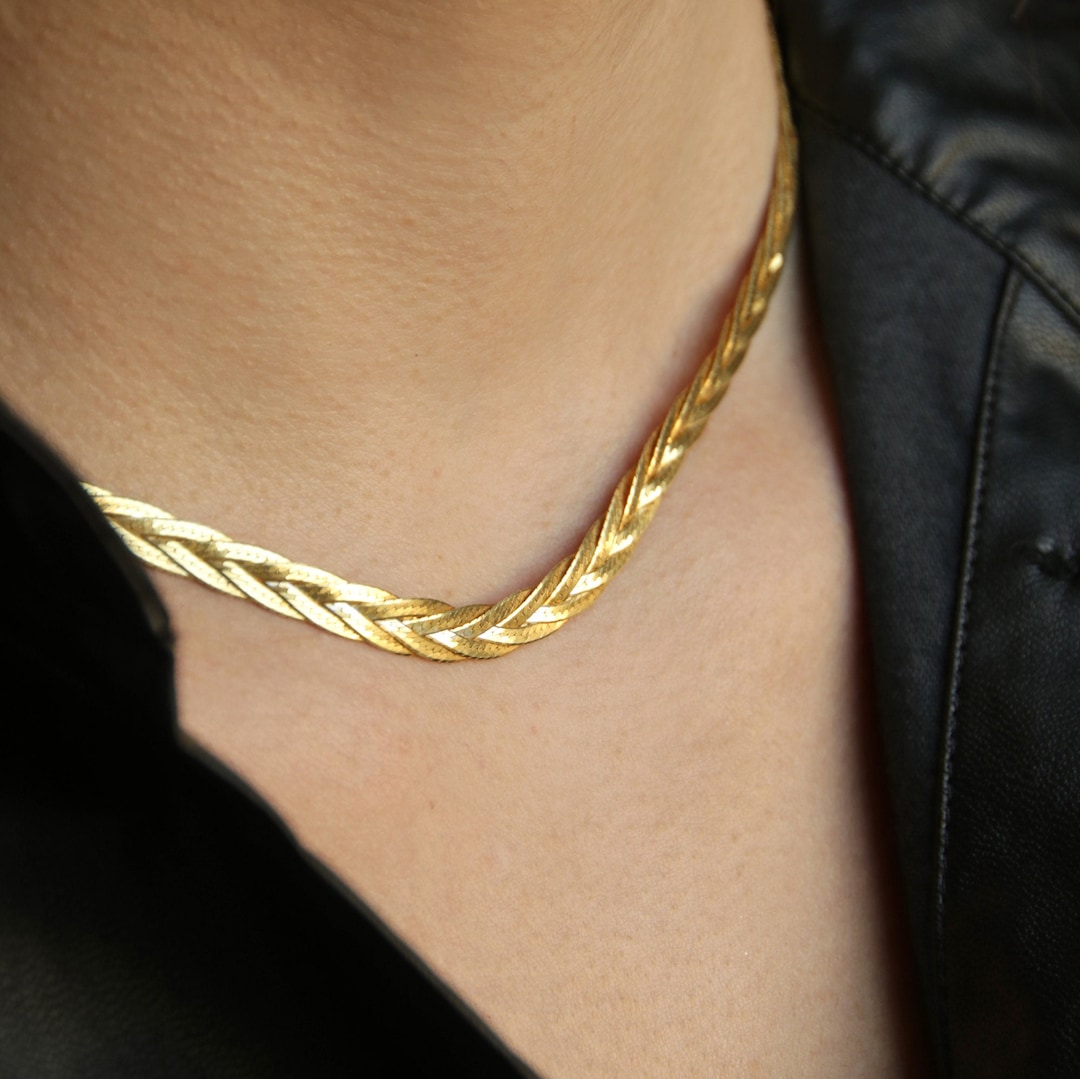 Braided Chain Necklace – Slim Herringbone Layering Necklace Handmade ...