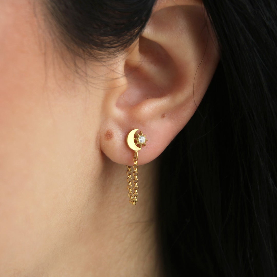 Diamond Moon Studs, Crescent Moon Star Earrings, Half Moon Chain Earrings - Etsy