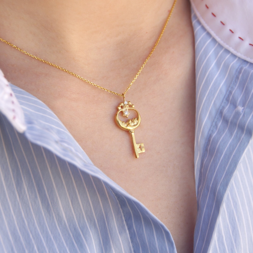Celestial Key Necklace, Dainty Moon Key Pendant, Delicate Moon Necklace ...