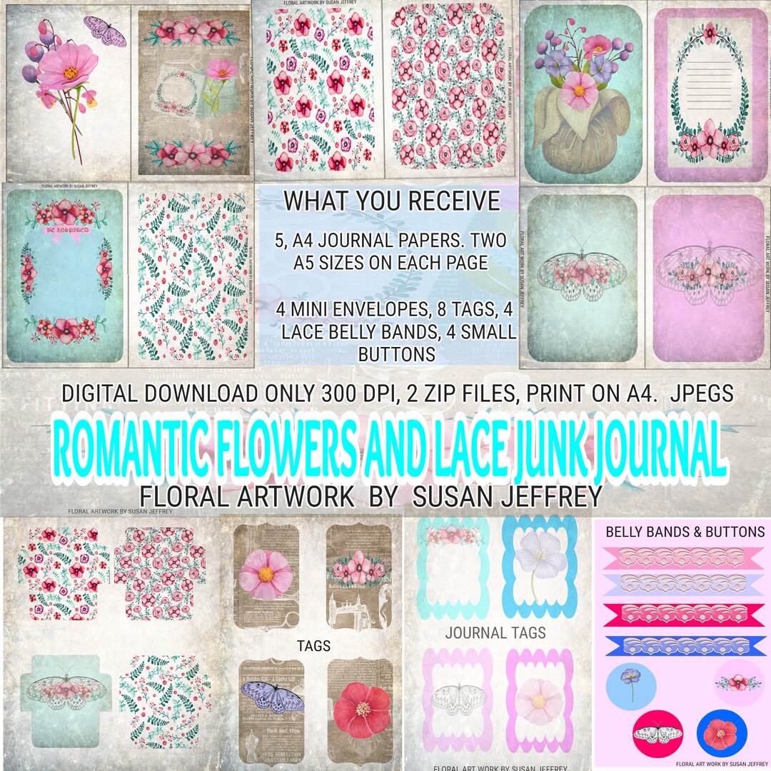 Pink and Blue Floral Journal Kit Digital Paper Crafting - Etsy