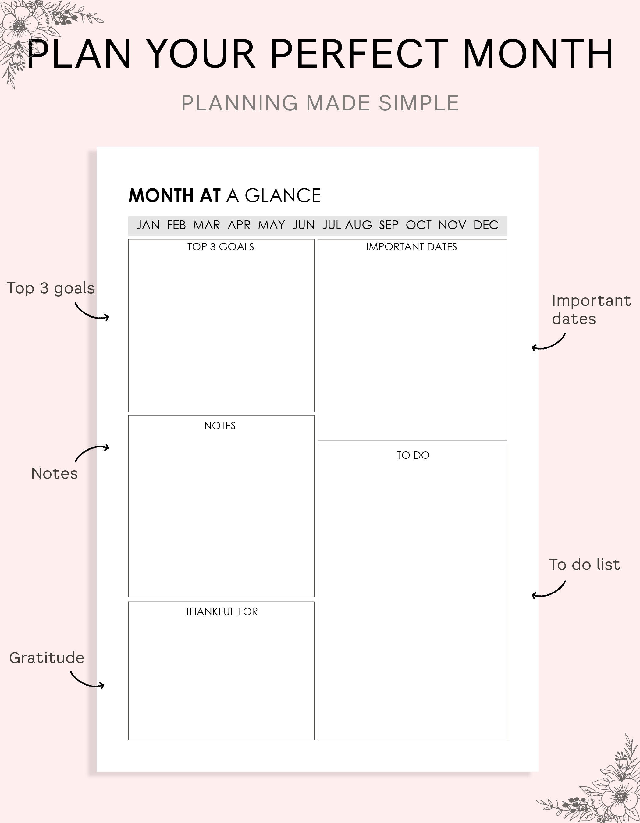Simple Month Planner Printable Month Overview Monthly Goals - Etsy