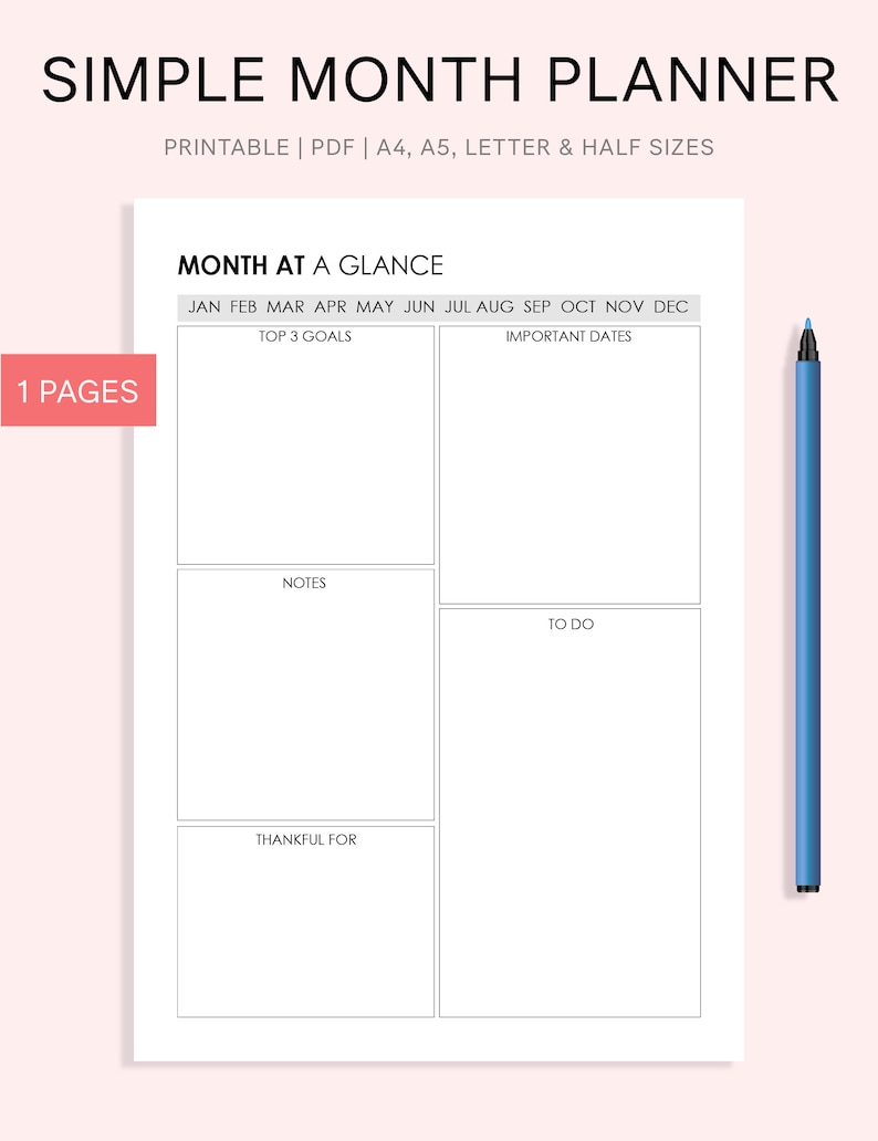 Simple Month Planner Printable Month Overview Monthly Goals - Etsy