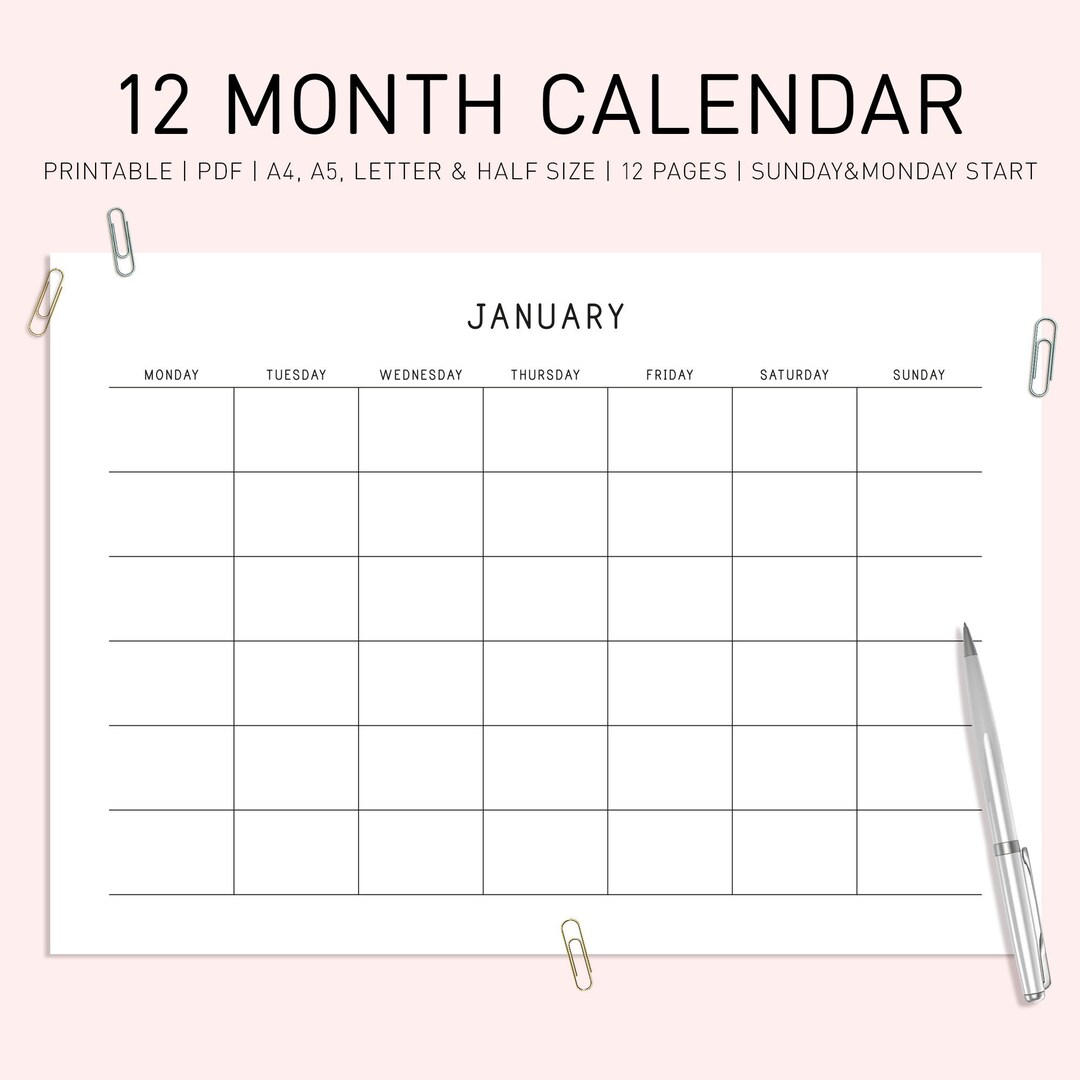 Printable Monthly Calendar Landscape, Minimalist Calendar Template ...