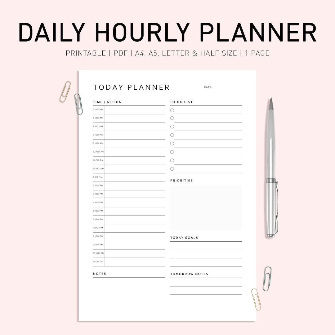 Daily Hourly Planner Printable, Printable Day Schedule, Productivity ...