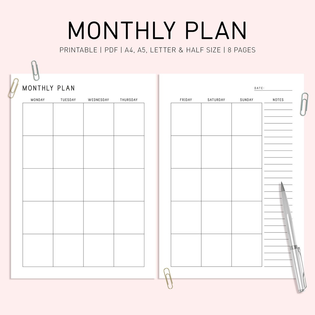 Undated Monthly Planner Printable, Month Planner 2024, Month on 2 Pages ...