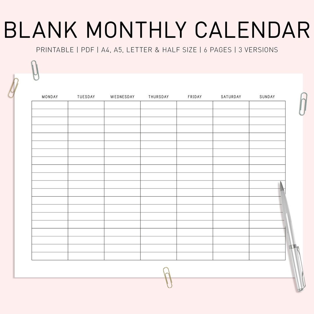 Calendrier mensuel vierge imprimable calendrier horizontal - Etsy France