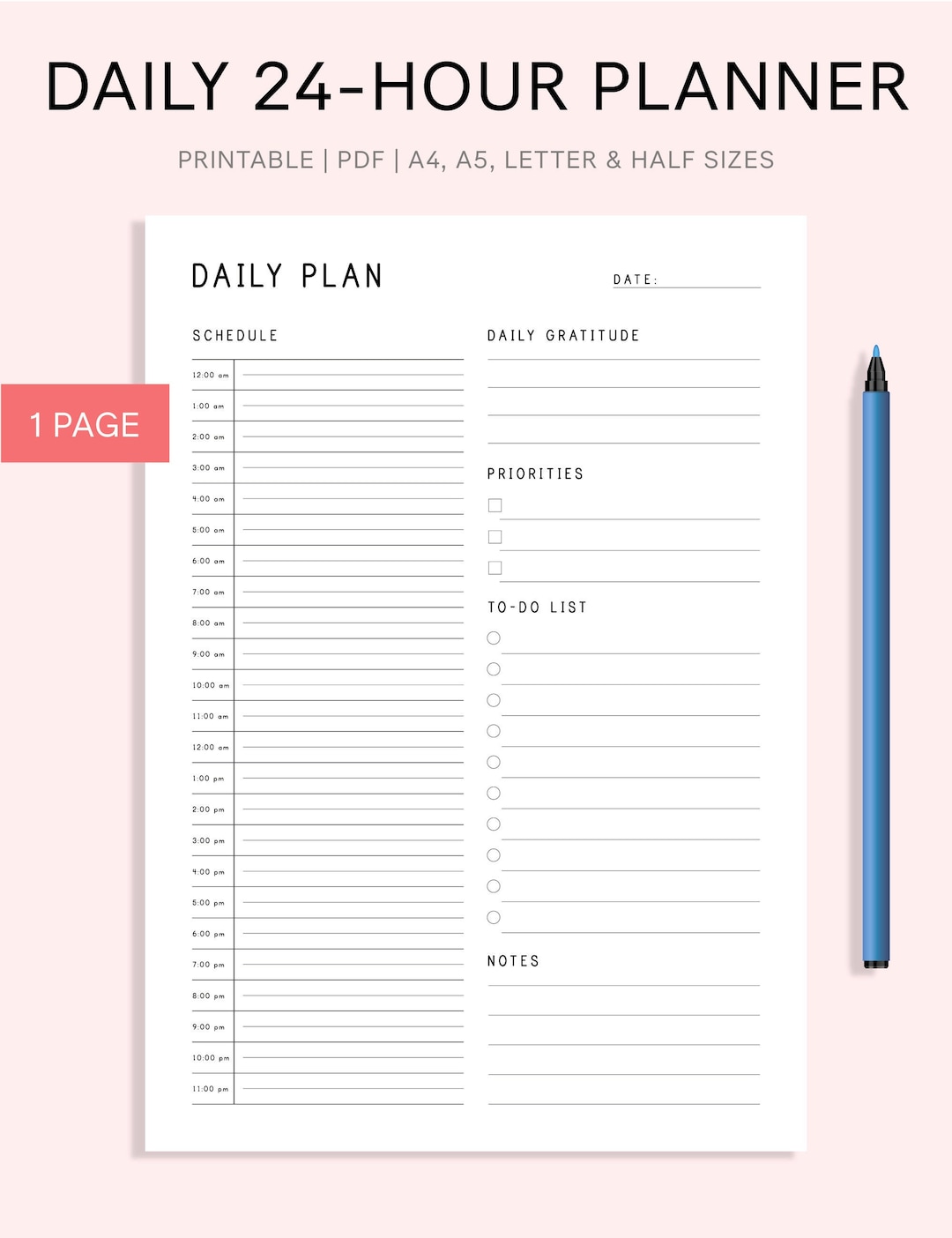 Daily 24 Hour Planner Printable Daily Schedule Printable Day - Etsy