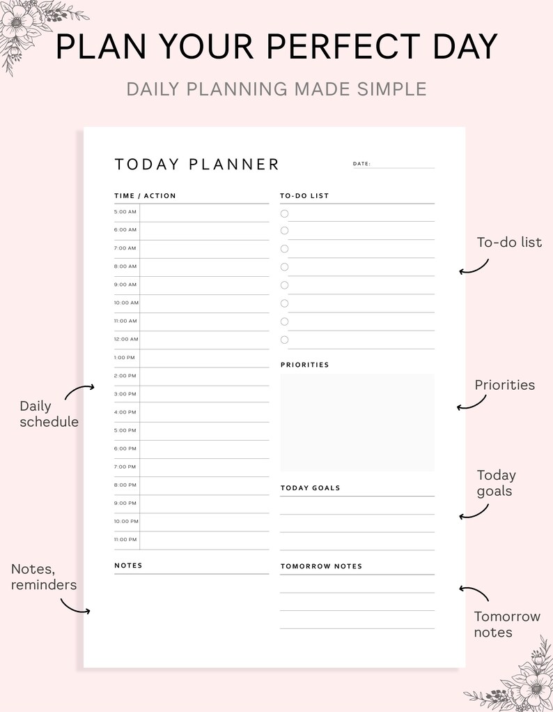 Daily Hourly Planner Printable, Printable Day Schedule, Productivity ...