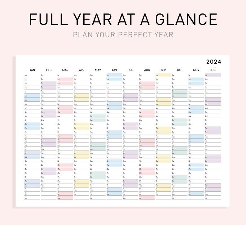 Full Year Calendar 2024 Printable, 2024 Monthly Planner, 2024 Rainbow ...