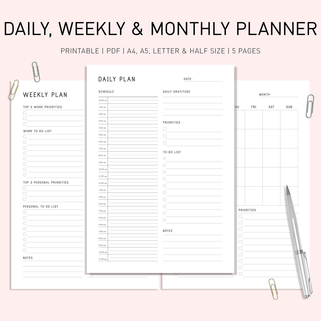 Printable Planner Bundle, Daily Planner, Weekly Planner, Monthly ...