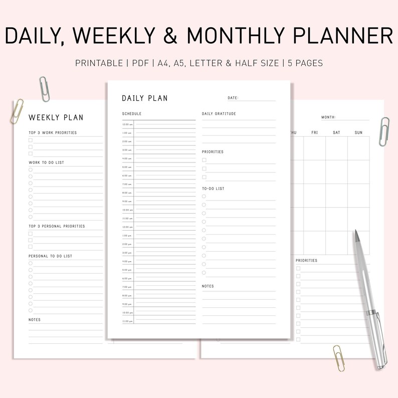 Printable Planner Bundle, Daily Planner, Weekly Planner, Monthly ...