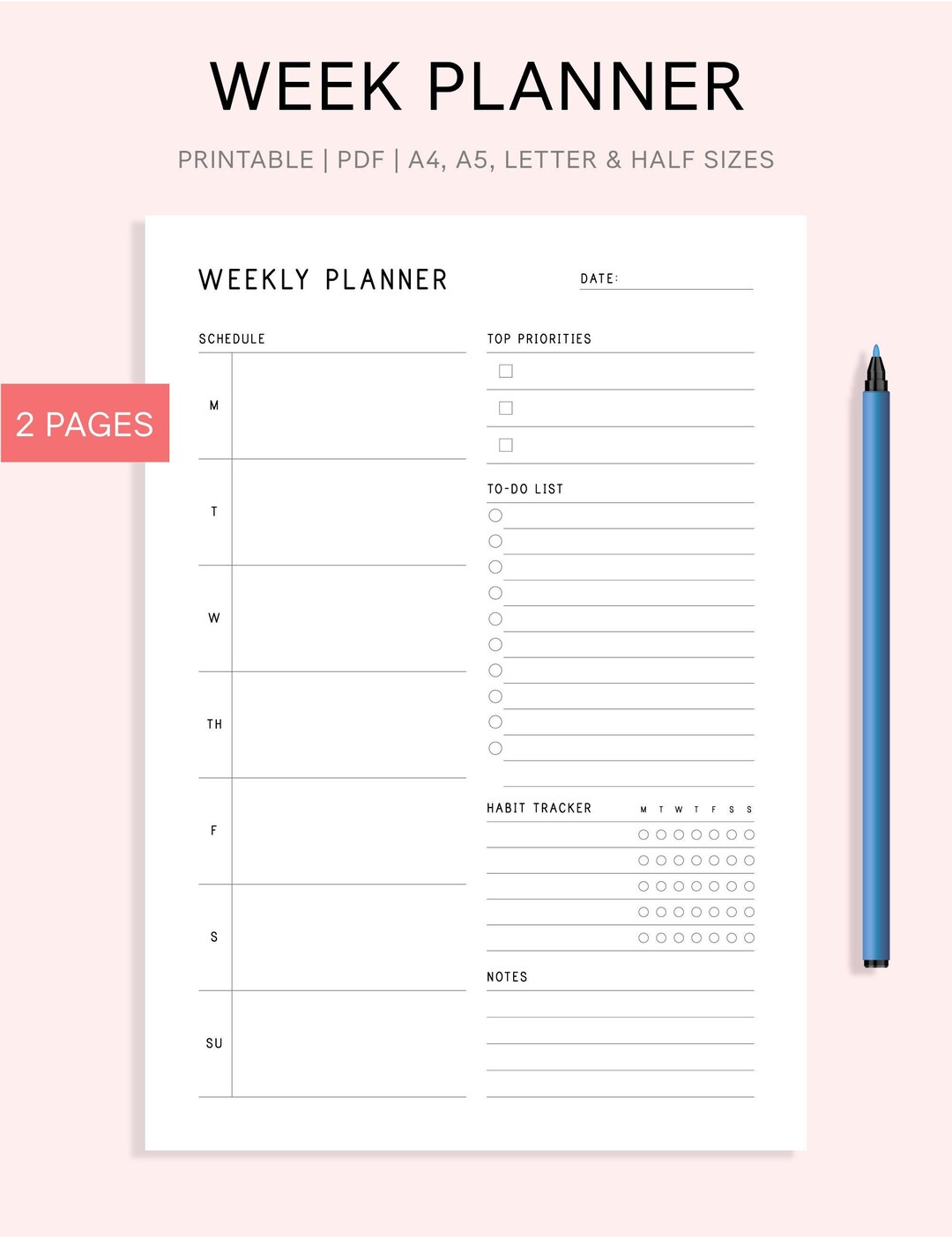 Week Planner Printable Weekly Schedule Week Organizer - Etsy