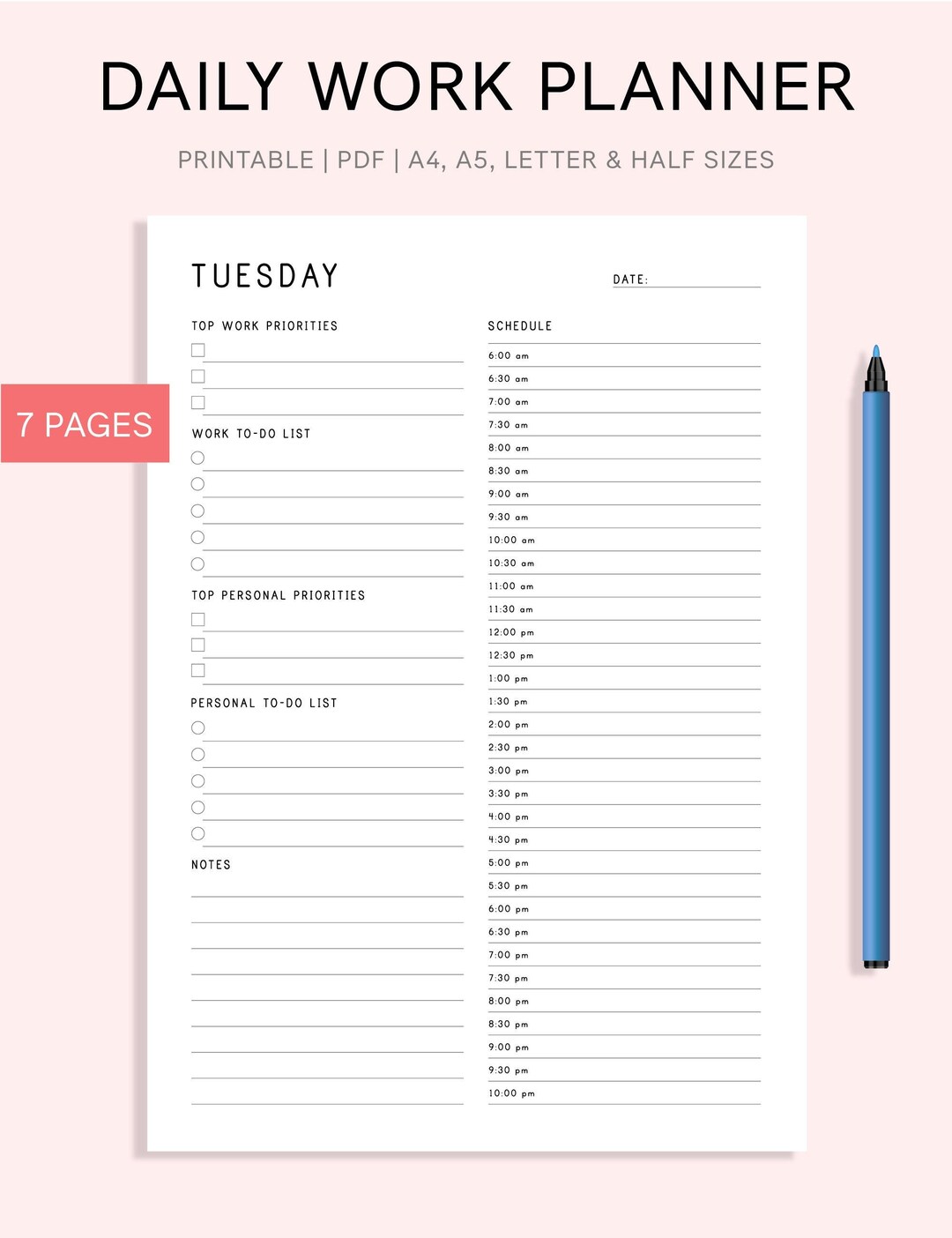 Daily Work Planner Printable Daily Hourly Schedule 7 Day - Etsy