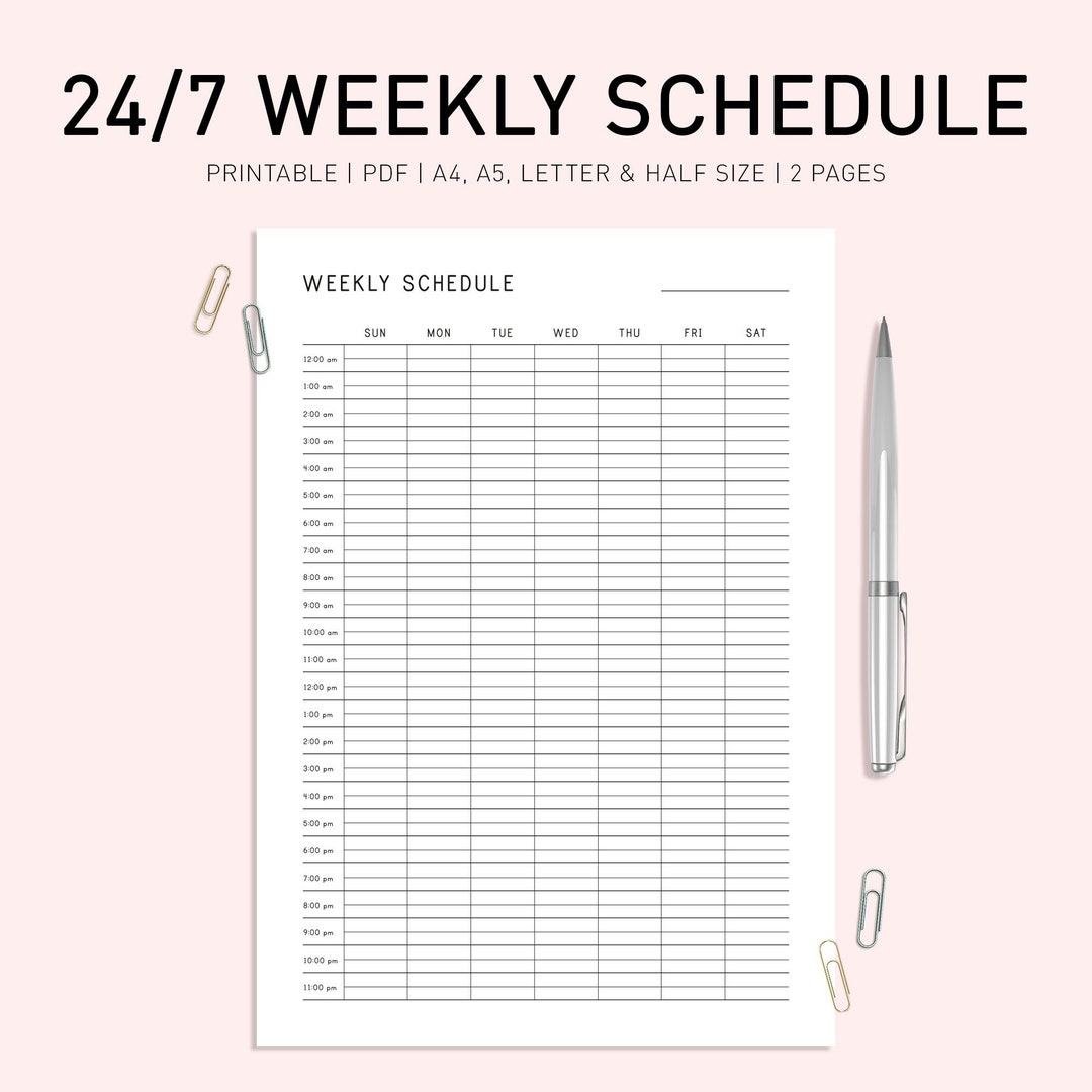 Weekly Hourly Planner Printable, 24 Hour Weekly Schedule, Weekly to Do ...