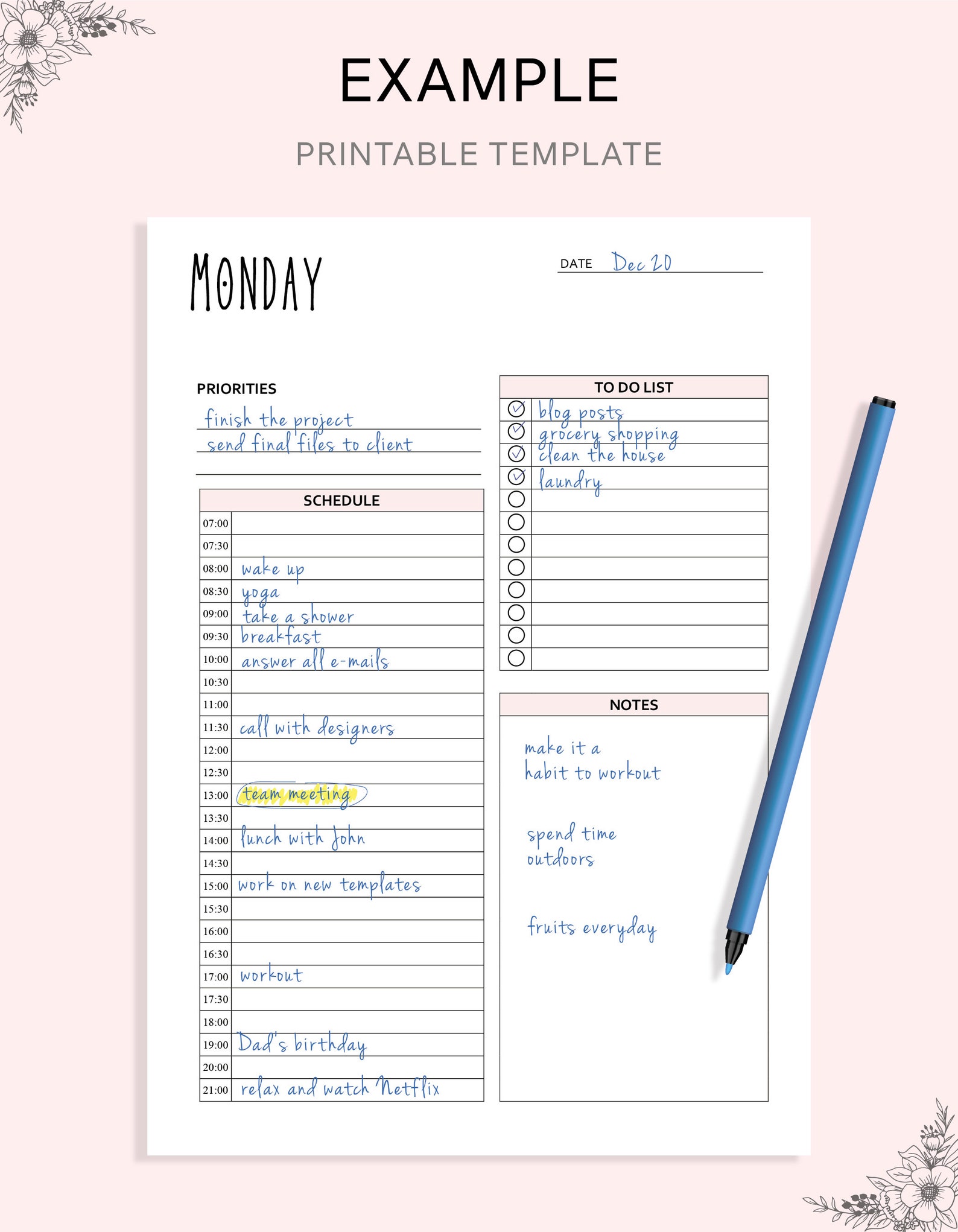 7 Day Planner Printable With to Do List, Printable Daily Schedule, Day ...