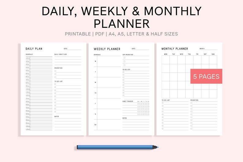 Printable Planner Bundle, Daily Planner, Weekly Planner, Monthly ...