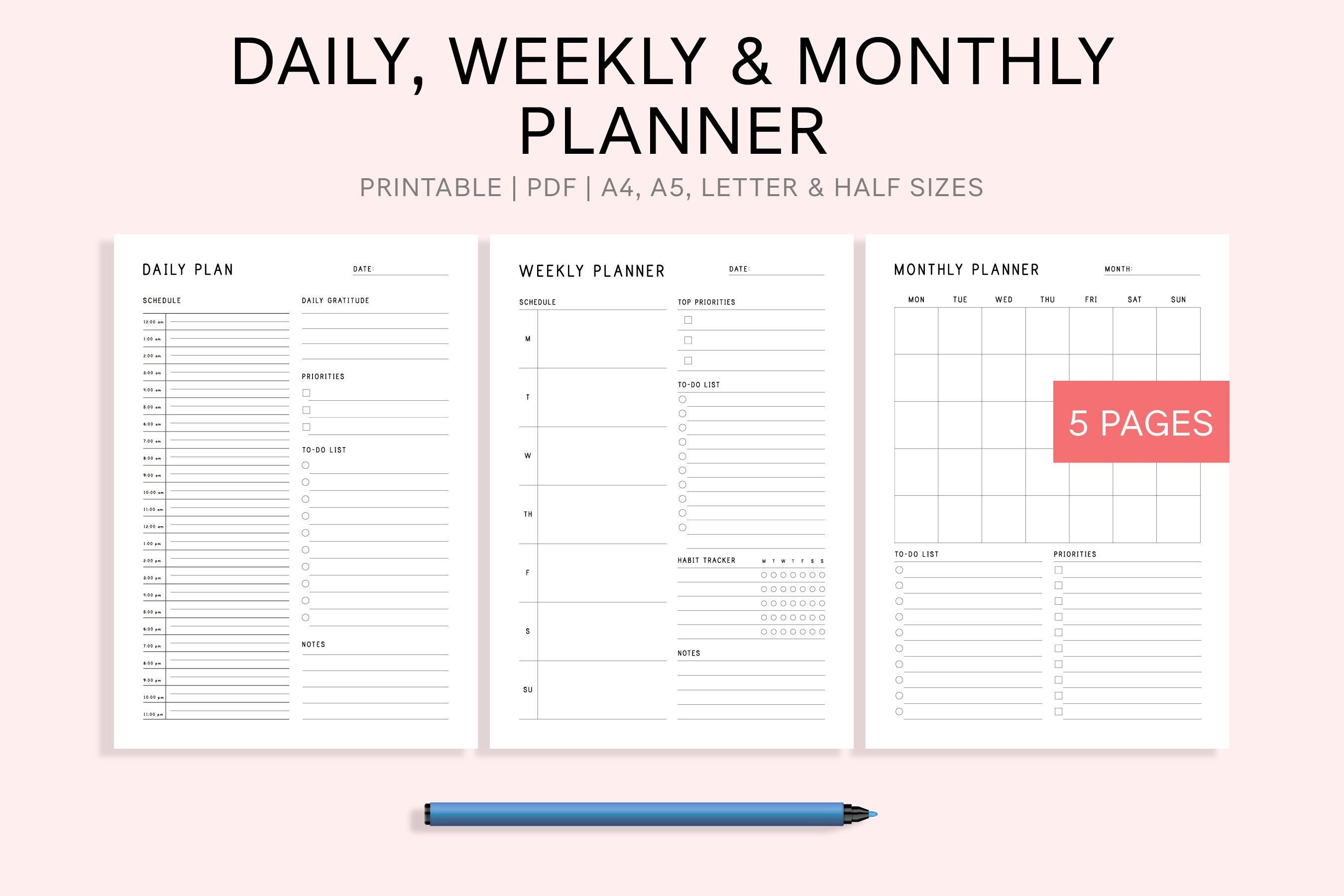 Printable Planner Bundle, Daily Planner, Weekly Planner, Monthly ...