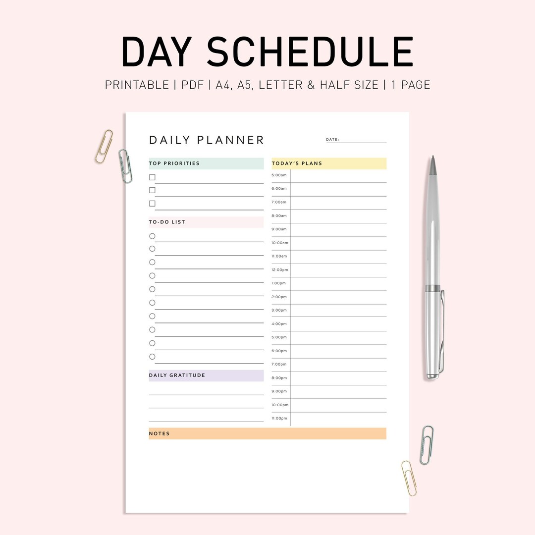 Daily Hourly Planner Printable, Work Day Schedule, Printable Day ...