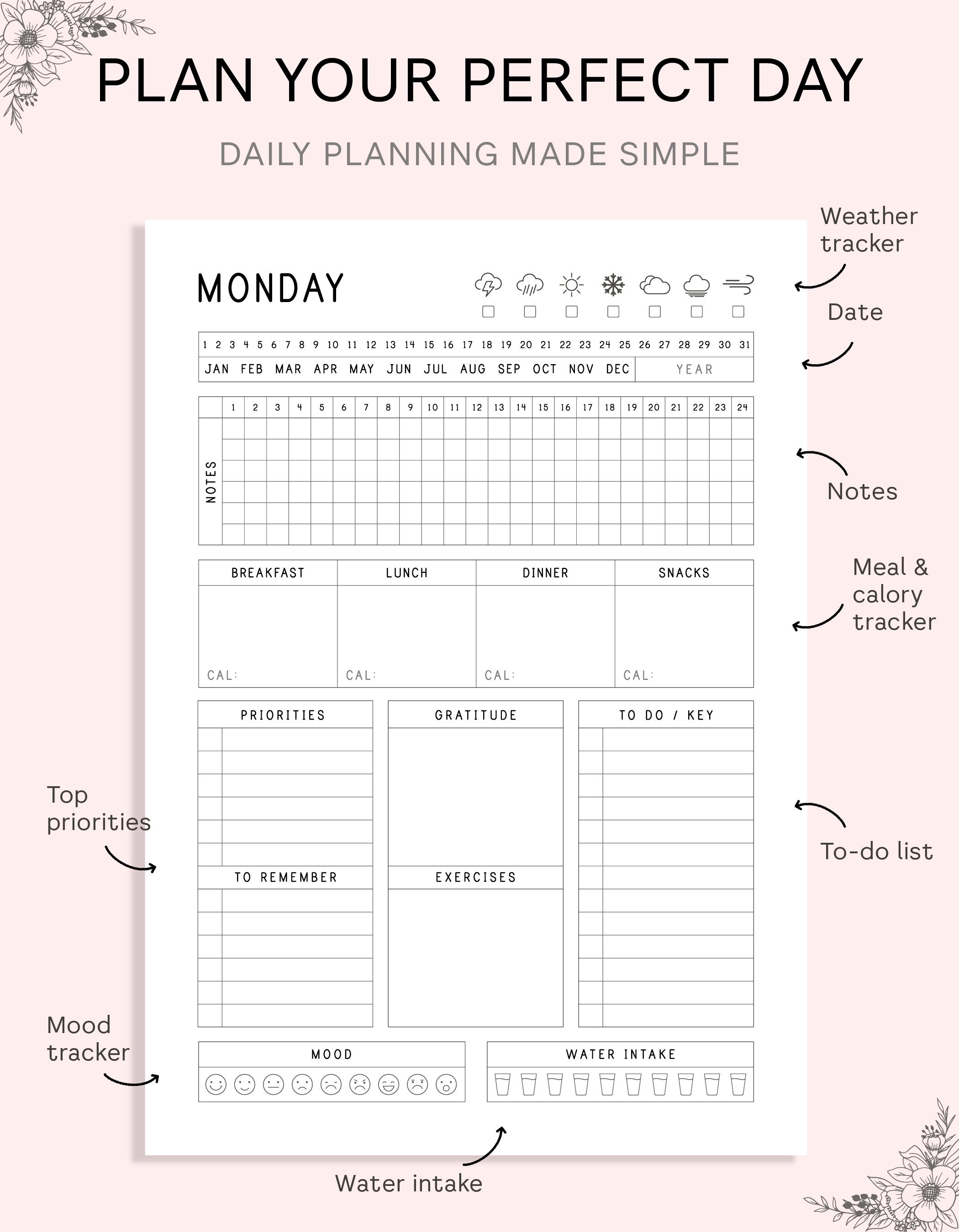 Daily Planner Printable, Printable Day Planner, Daily Hourly Planner ...