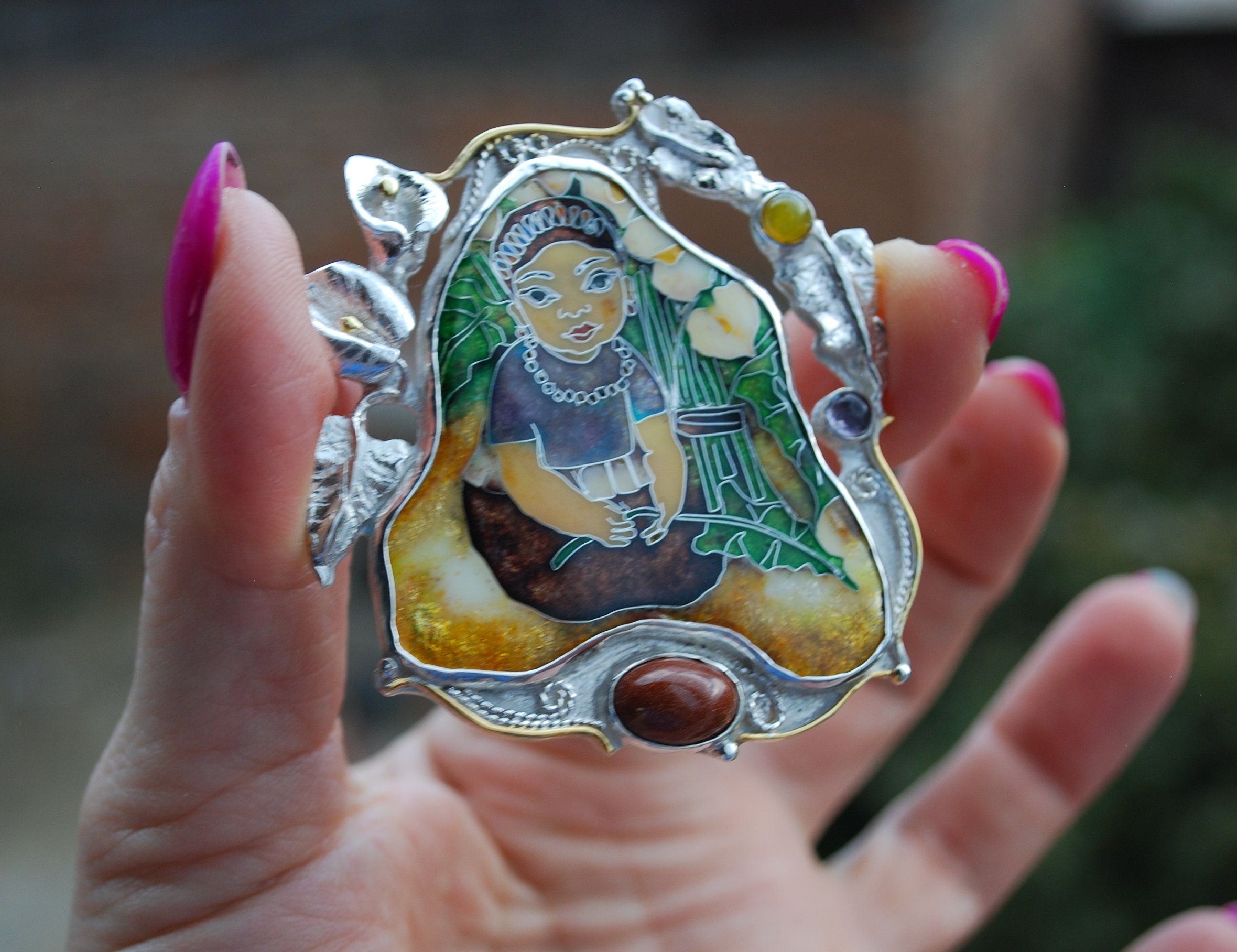 Girl With Calla Lilly Flower Cloisonne Enamel - Etsy