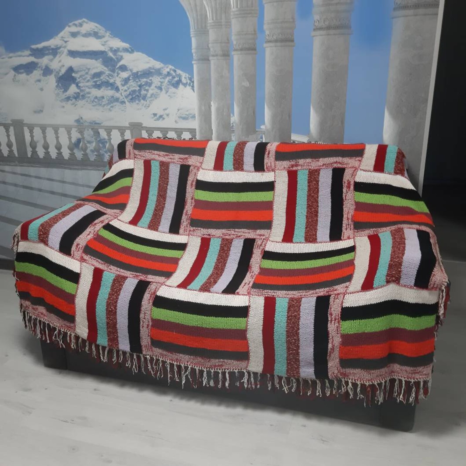 Large Two-sided Multicolor Knitting Plaid With Fringe, Soft Blanket for ...