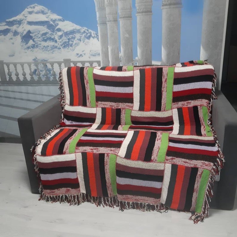 Large Two-sided Multicolor Knitting Plaid With Fringe, Soft Blanket for ...