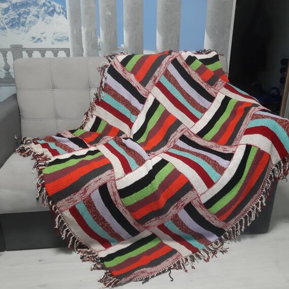 Large Two-sided Multicolor Knitting Plaid With Fringe Soft | Etsy