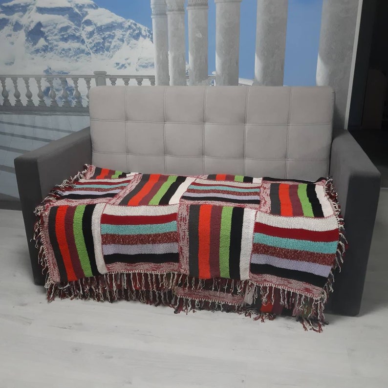 Large Two-sided Multicolor Knitting Plaid With Fringe, Soft Blanket for ...