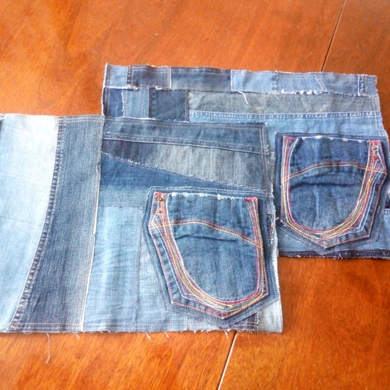 Rustic denim patchwork placemats with cutlery pockets | Etsy