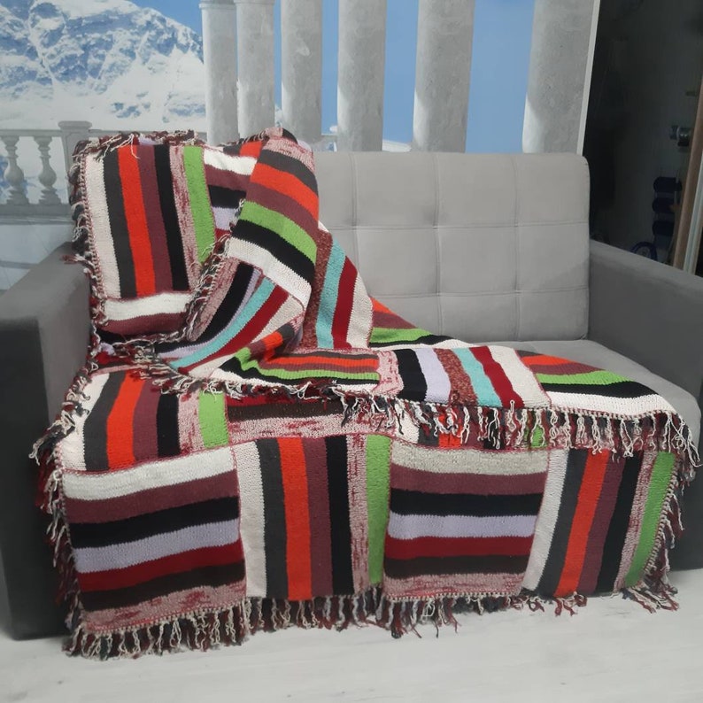 Large Two-sided Multicolor Knitting Plaid With Fringe, Soft Blanket for ...