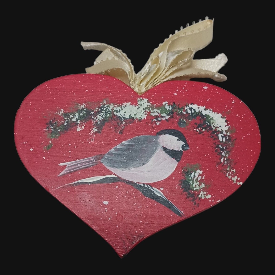 Wood Heart Chickadee Bird Christmas Ornament Red Hand Painted - Etsy