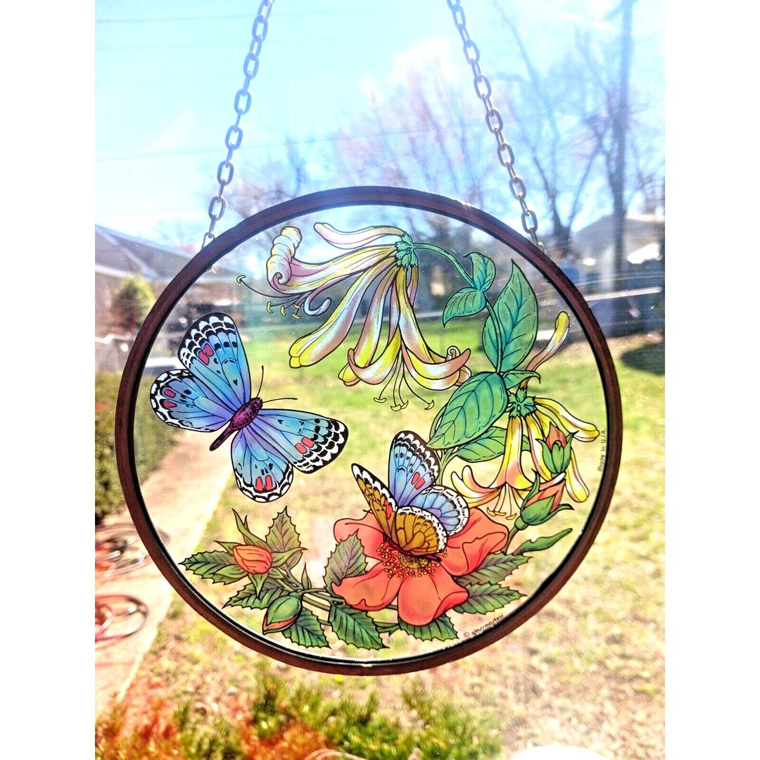 Glassmasters Suncatcher Butterflies Floral Window Ornament Vintage 6.25 ...