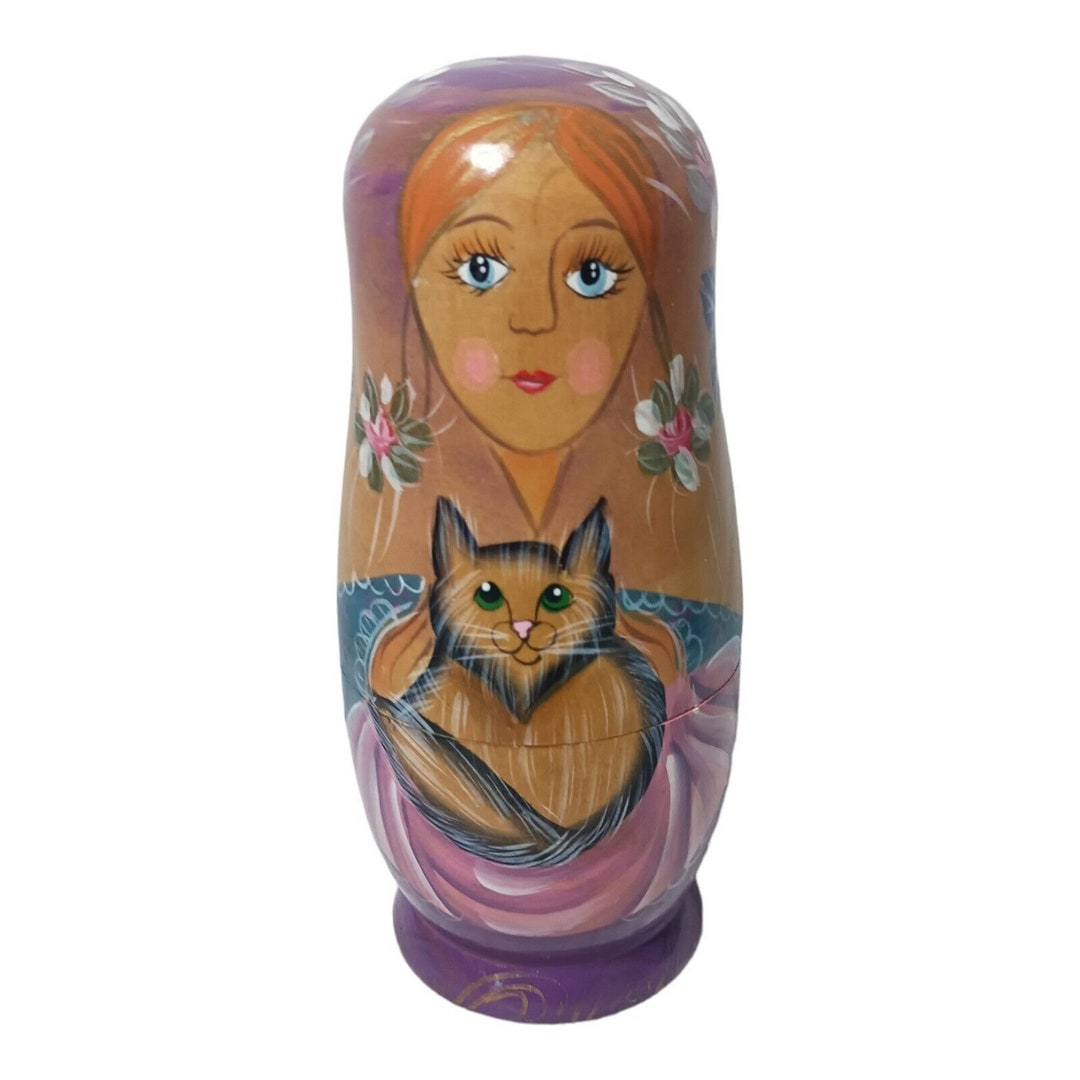 8 Pc Set of Matryoshka Cat Lady Handpainted Wooden Nesting Dolls 5.75 ...
