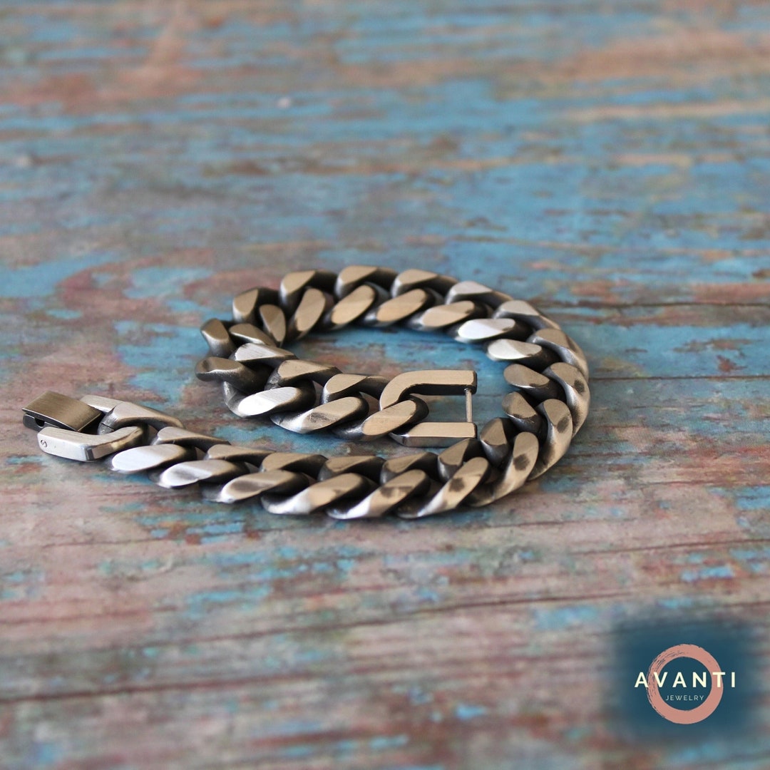 Titanium Cuban Link Chain Bracelet 13mm, Handmade Chunky Bracelet Mens ...