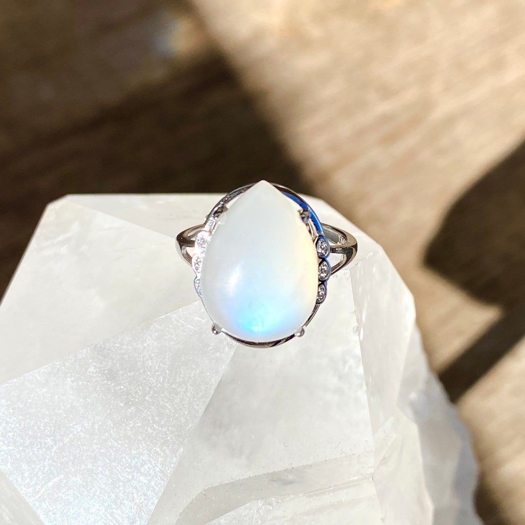 Moonstone Teardrop Ring, Sterling Silver Adjustable Moonstone Ring ...