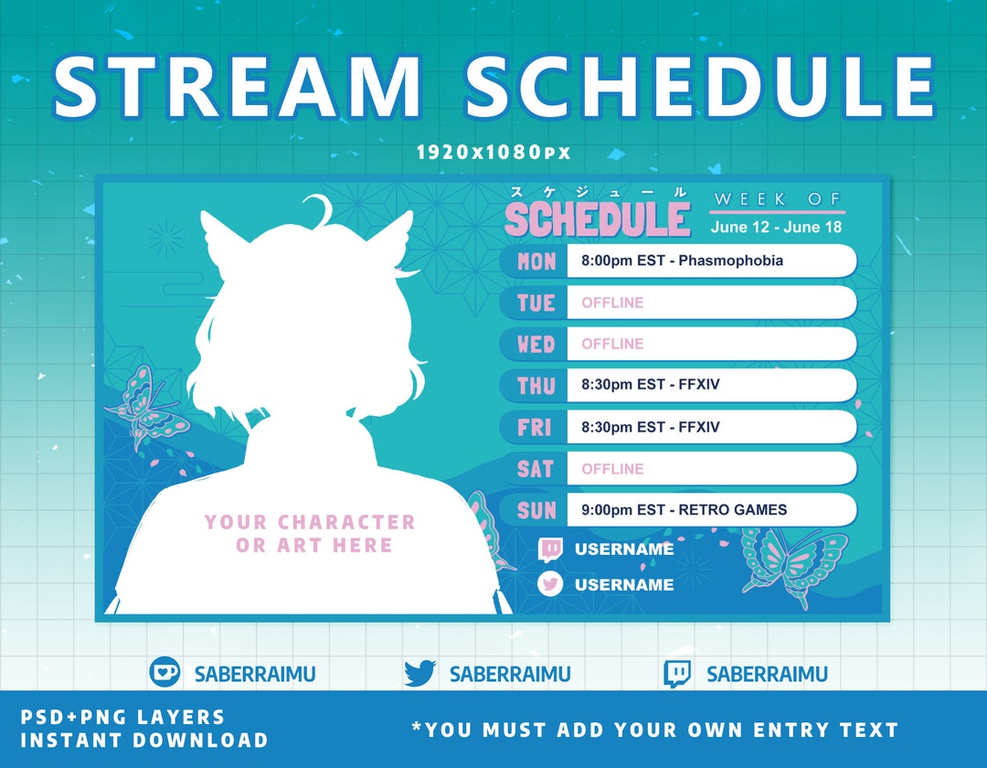 Blue Stream Schedule Template / Butterfly Twitch Schedule / Stream ...