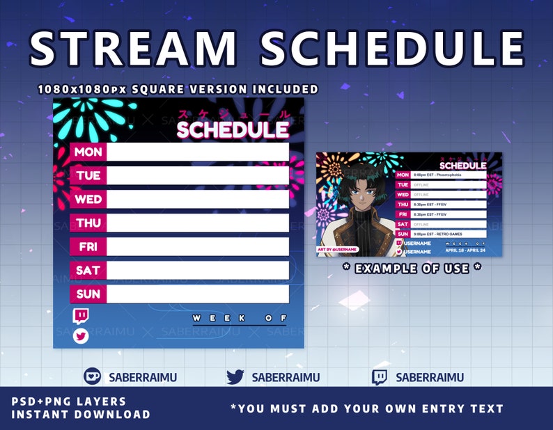 Stream Schedule Template / Fireworks / Blue / Stream Assets / Streamer ...