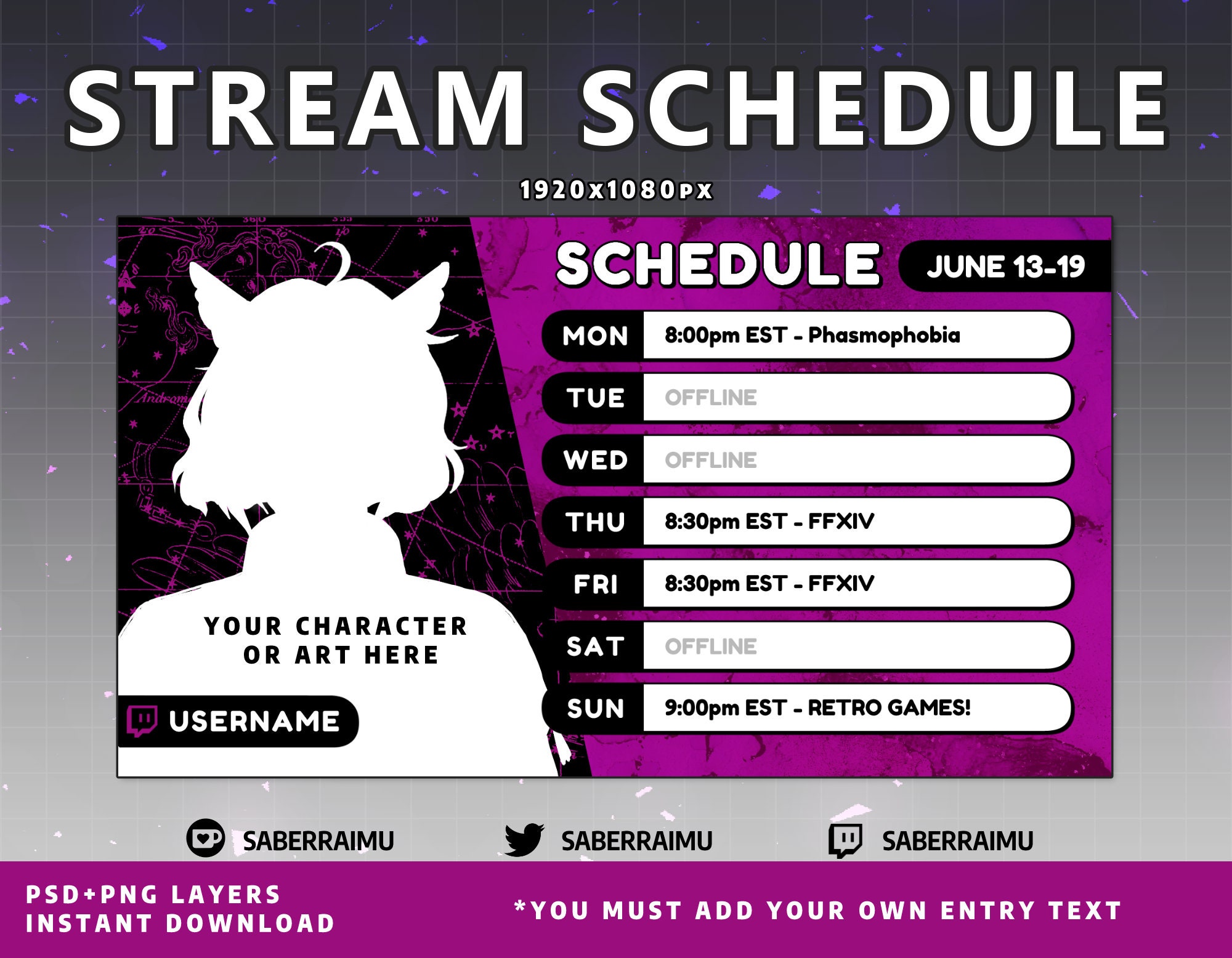 Purple Stream Schedule Template / Star Chart / Stream Assets / Streamer ...